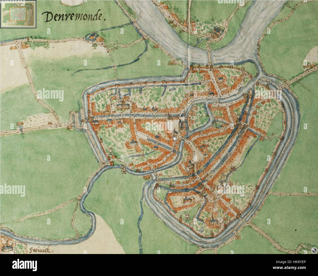 A detailed map of Dendermonde, Belgium, created by Jacob van Denventer ...