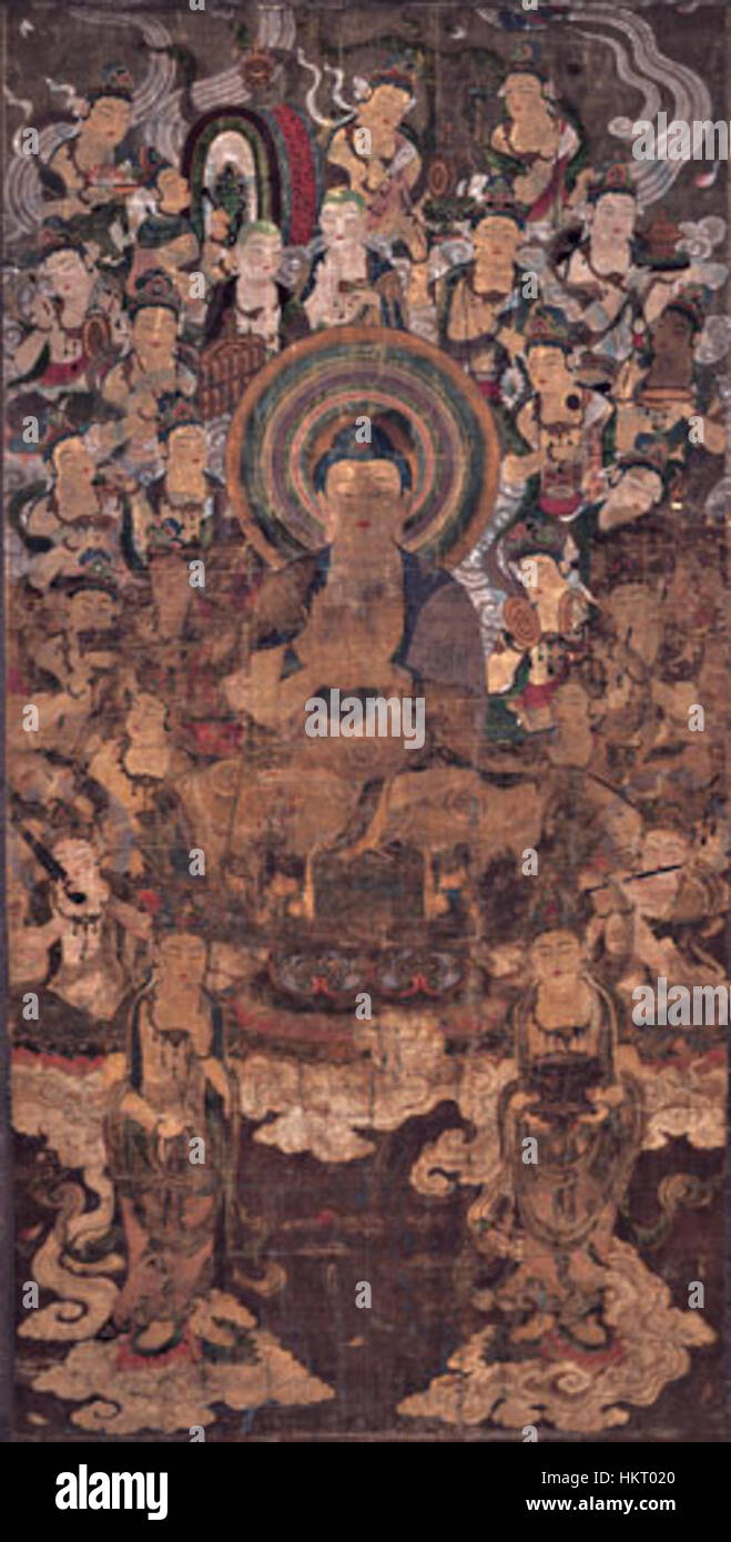 A Japanese Buddhist painting depicting Amida Buddha descending with 25 ...