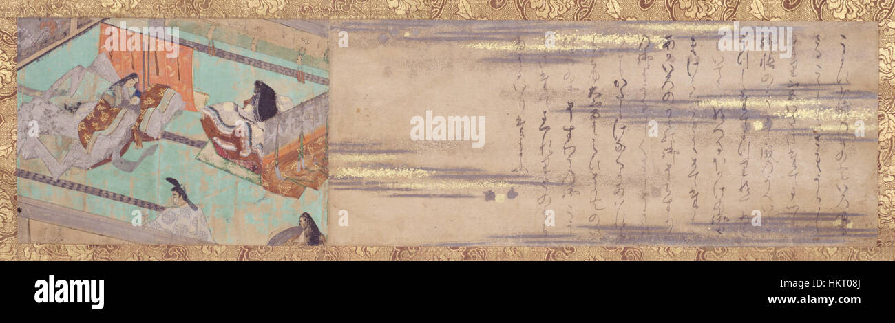 The detached segment from the Murasaki Shikibu Emaki illustrates scenes ...