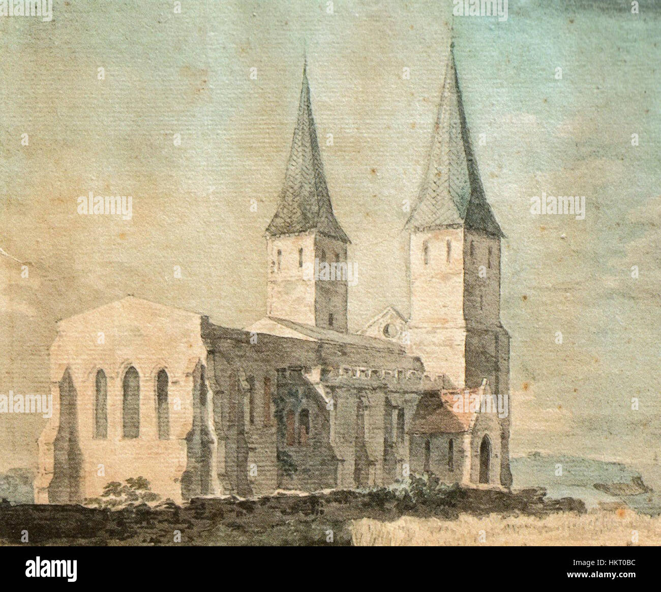 This image presents a detailed view of Reculver Church as painted by ...