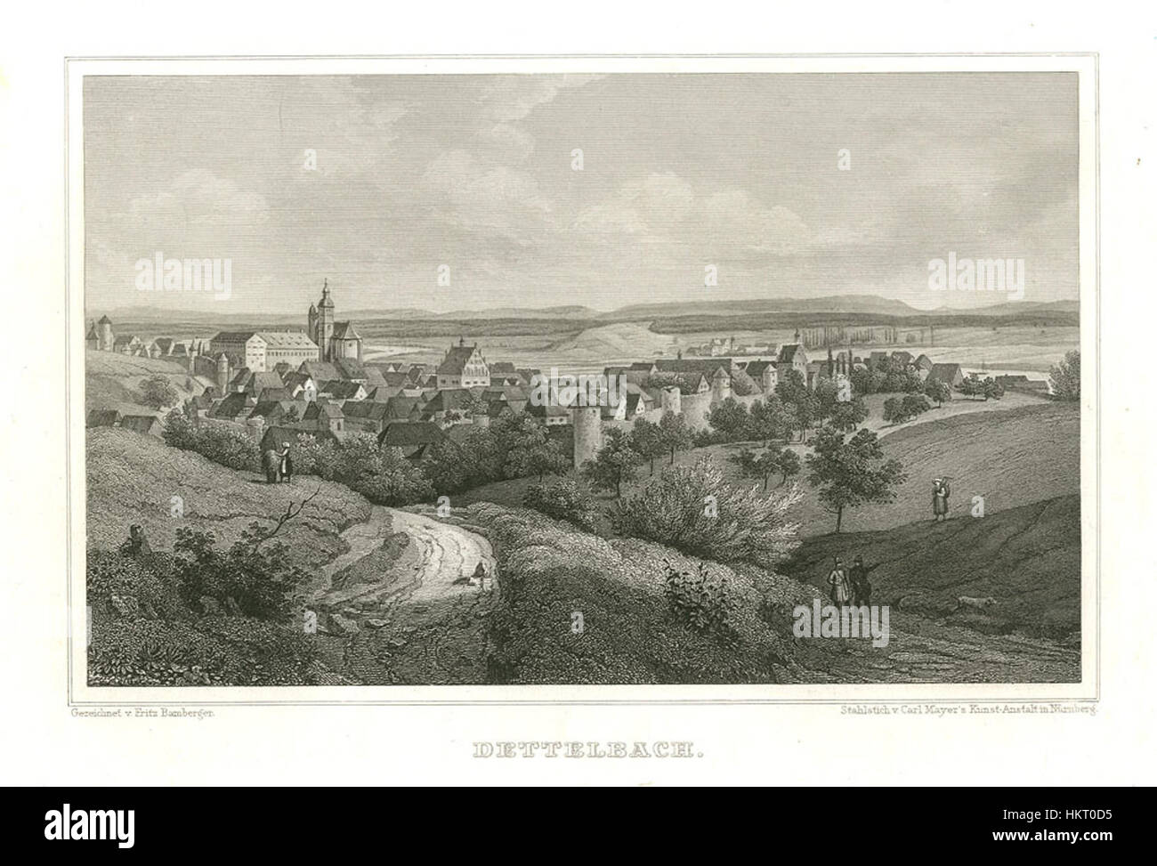 This steel engraving from 1847 depicts Dettelbach, a town in Germany ...