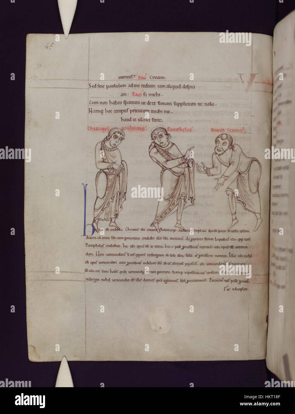 This illuminated manuscript page from the 'Comedies of Terence' is held ...