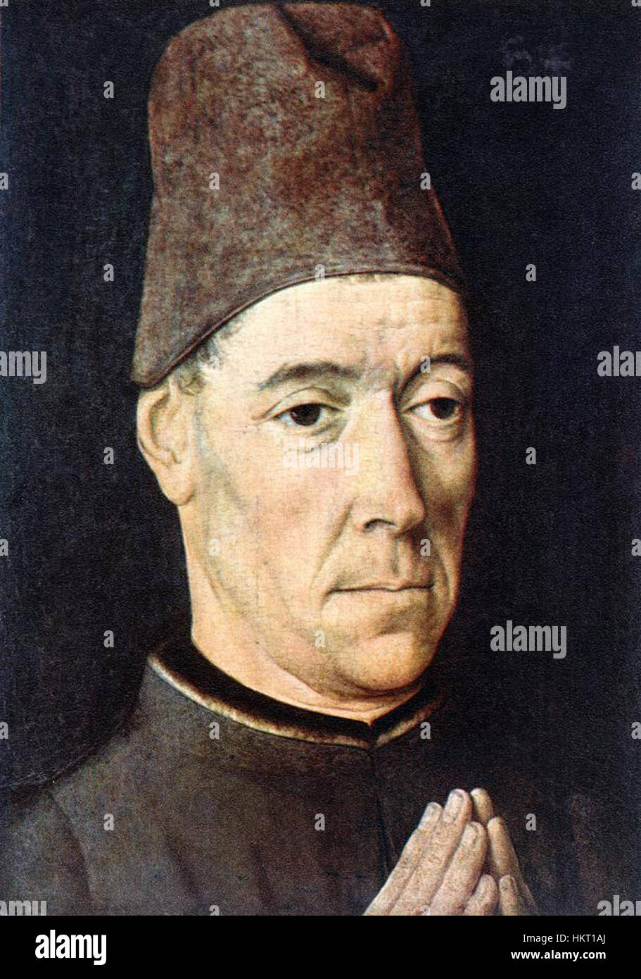 This painting, attributed to Dieric Bouts, features a detailed portrait ...
