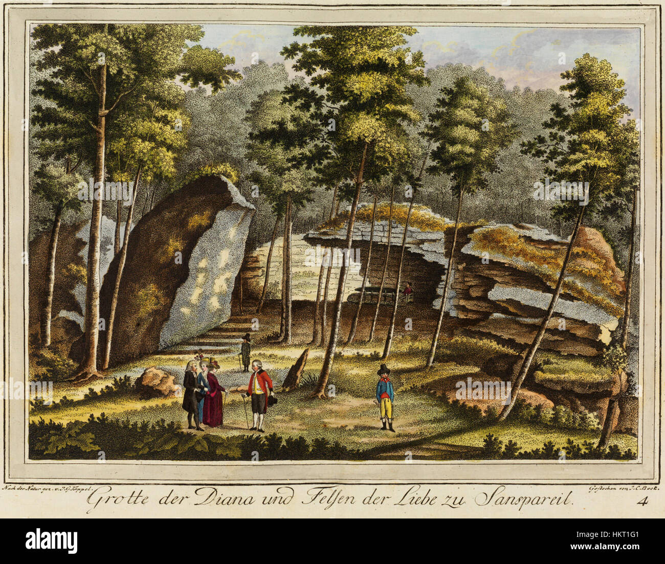 This artwork shows the Grotto of Diana and the Rocks of Love at the ...