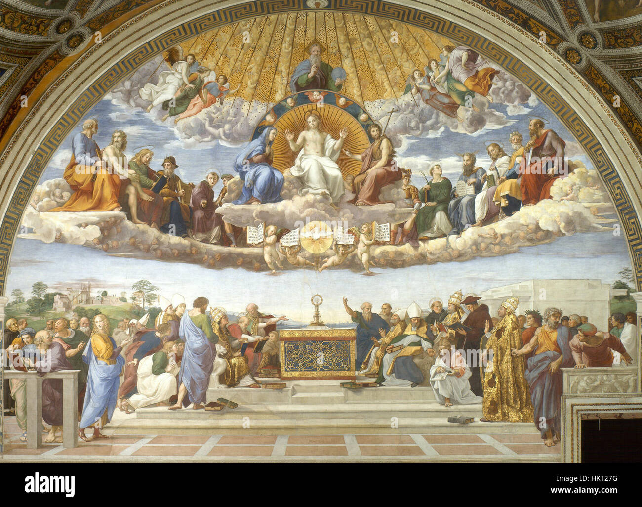 A painting by Raphael titled *Disputa del Sacramento*, depicting the ...
