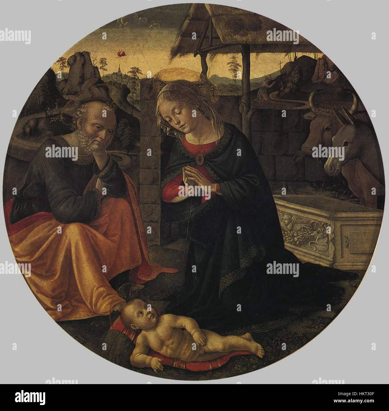 A tondo painting by Domenico Ghirlandaio depicting the Adoration of the ...