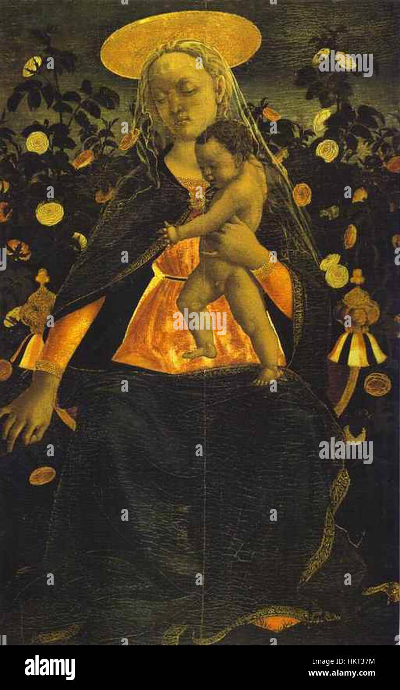 This painting by Domenico Veneziano, *Virgin and Child*, depicts the Virgin Mary holding the ...
