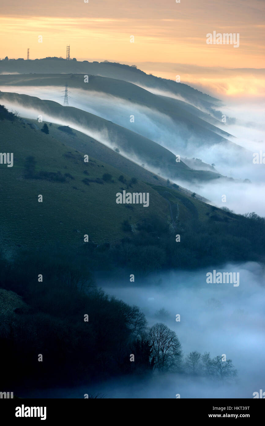 Low lying mist below the South Downs at Devil's Dyke, Sussex. UK Stock ...