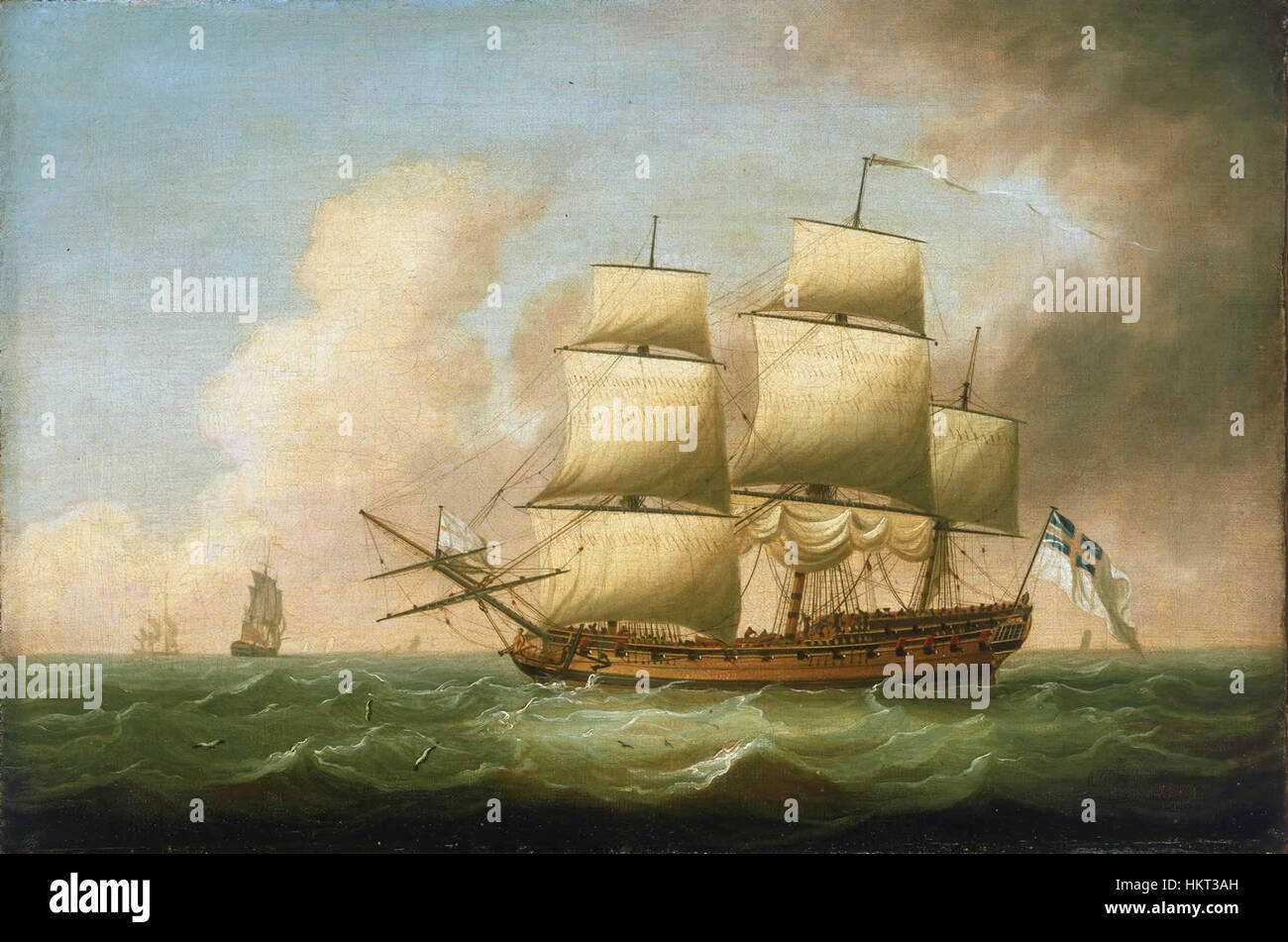 A maritime painting by Dominic Serres depicting a frigate, illustrating ...