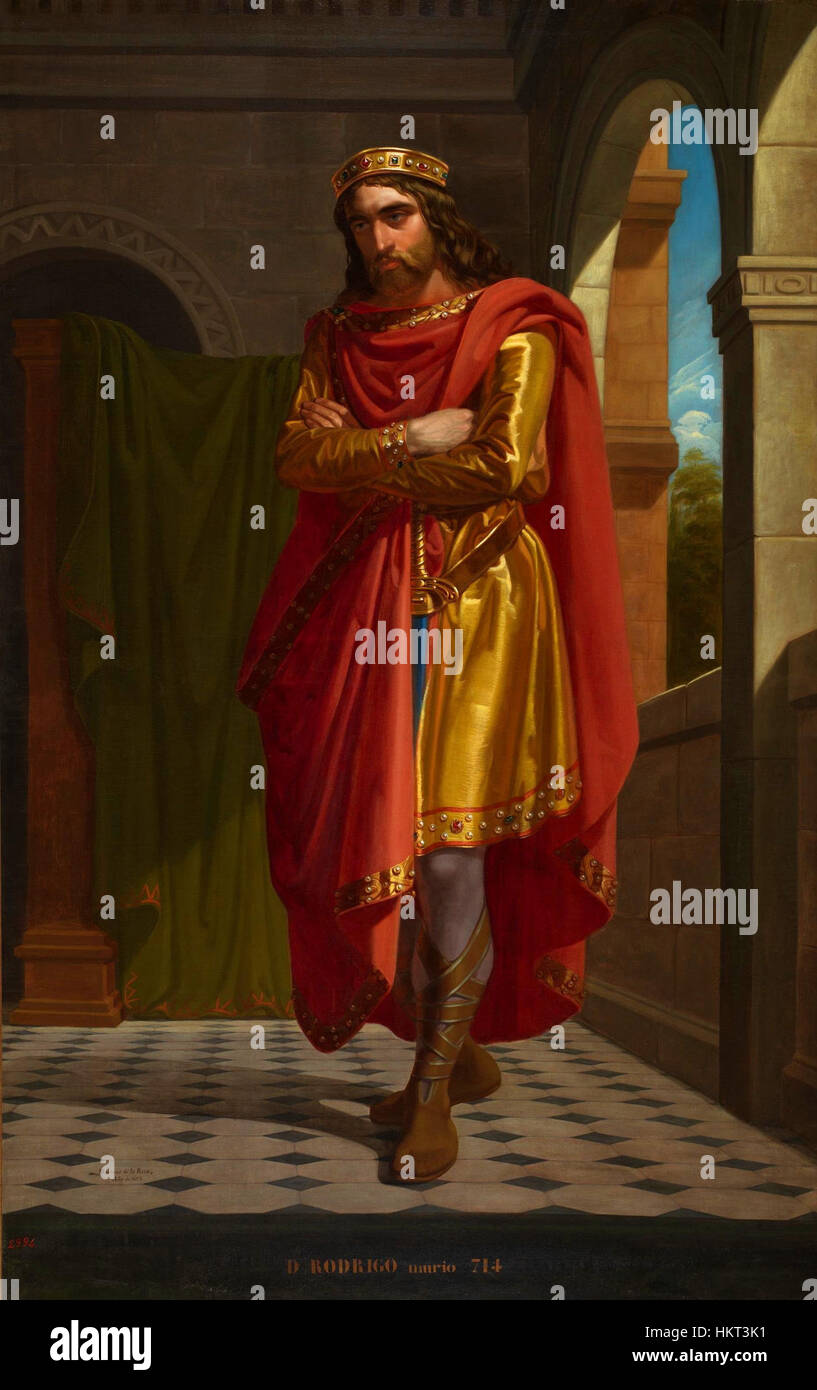 This oil painting depicts Don Rodrigo, the last king of the Visigoths ...