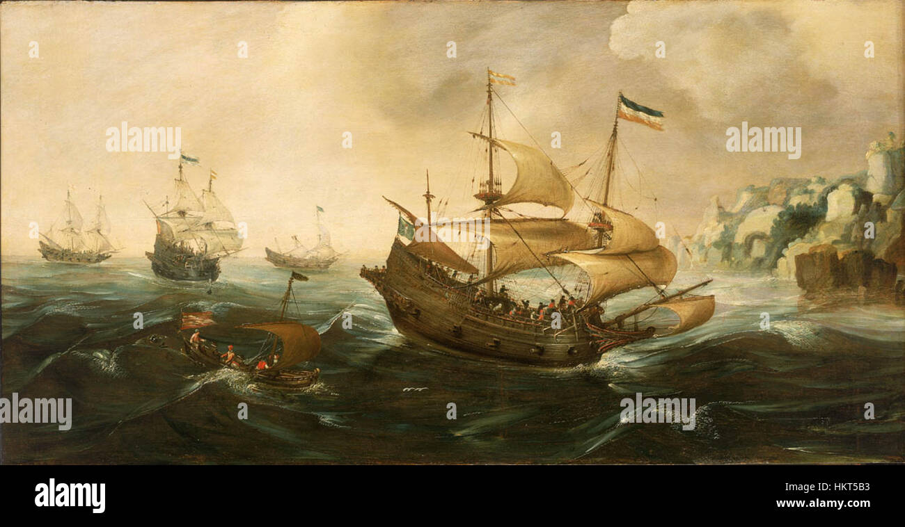 The painting 'Dutch Ships Sailing off a Rocky Shore' captures the power ...