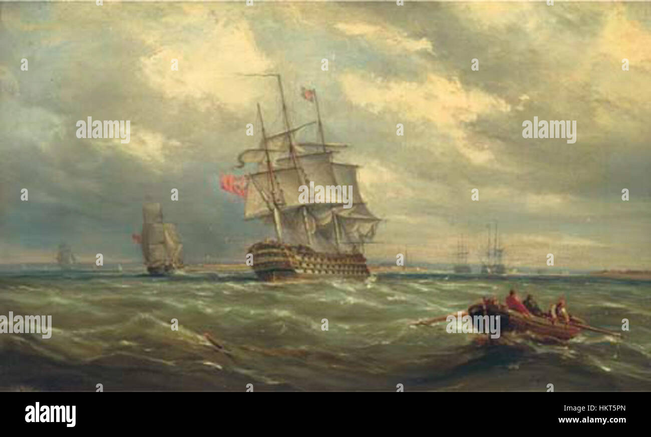 Ebenezer Colls captures the image of a three-decker ship, reducing sail ...