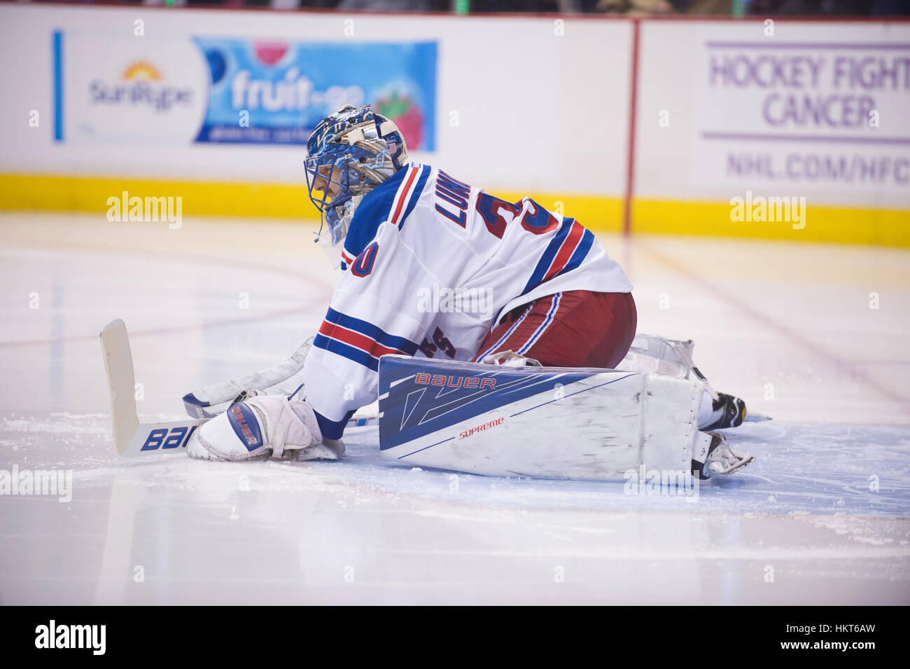 Henrik Lundqvist goalie for the New York Rangers stretching before a ...
