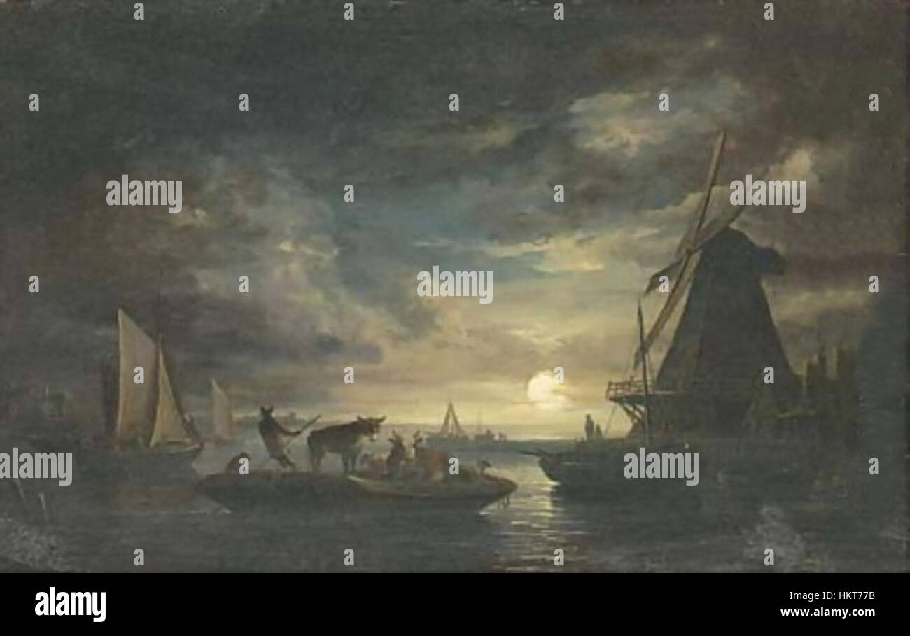 Edward Williams’ *Cattle on a Barge in a Moonlit Landscape* is a serene ...