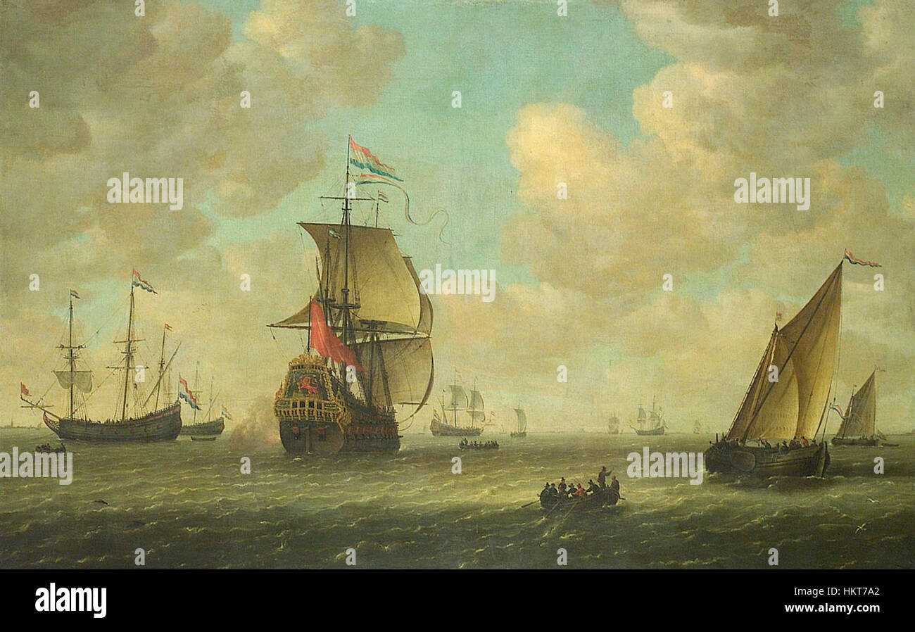 A historical painting depicting the ship 'Eendracht' from Diest ...