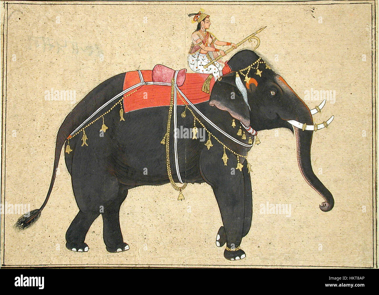 This artwork shows a female mahout riding an elephant in India. The ...