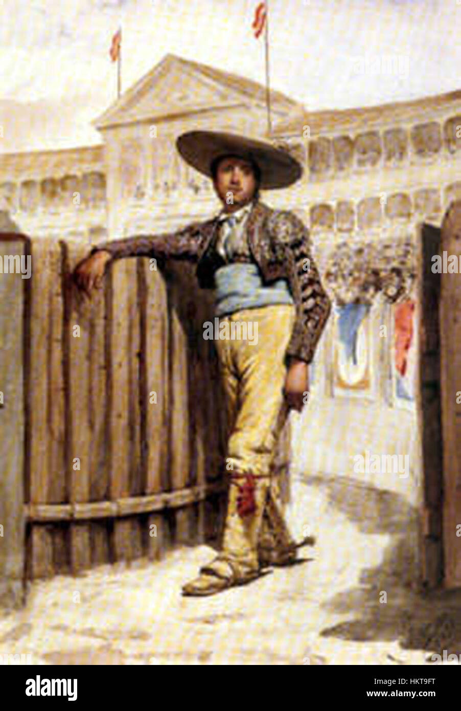 This painting depicts a traditional Spanish scene featuring a picador ...