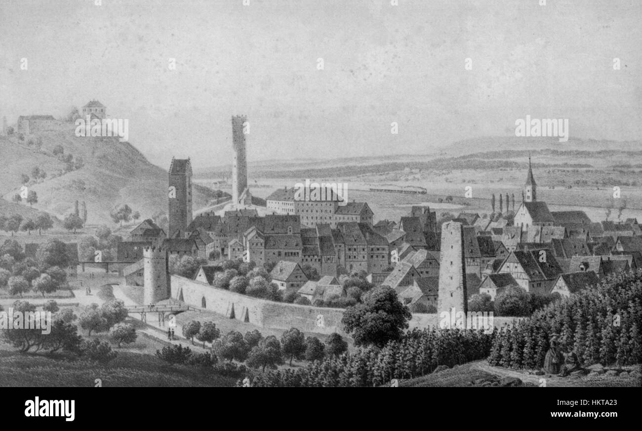 This 1850 painting shows a view of Ravensburg from the northeast ...