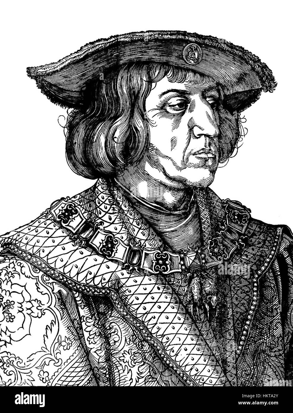 'Emperor Maximilian' by Hans Weiditz is a detailed woodcut portrait of ...