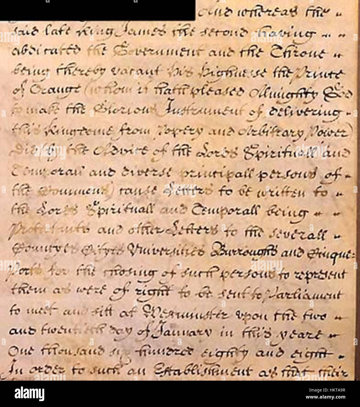An image of the English Bill of Rights from 1689, a key historical ...