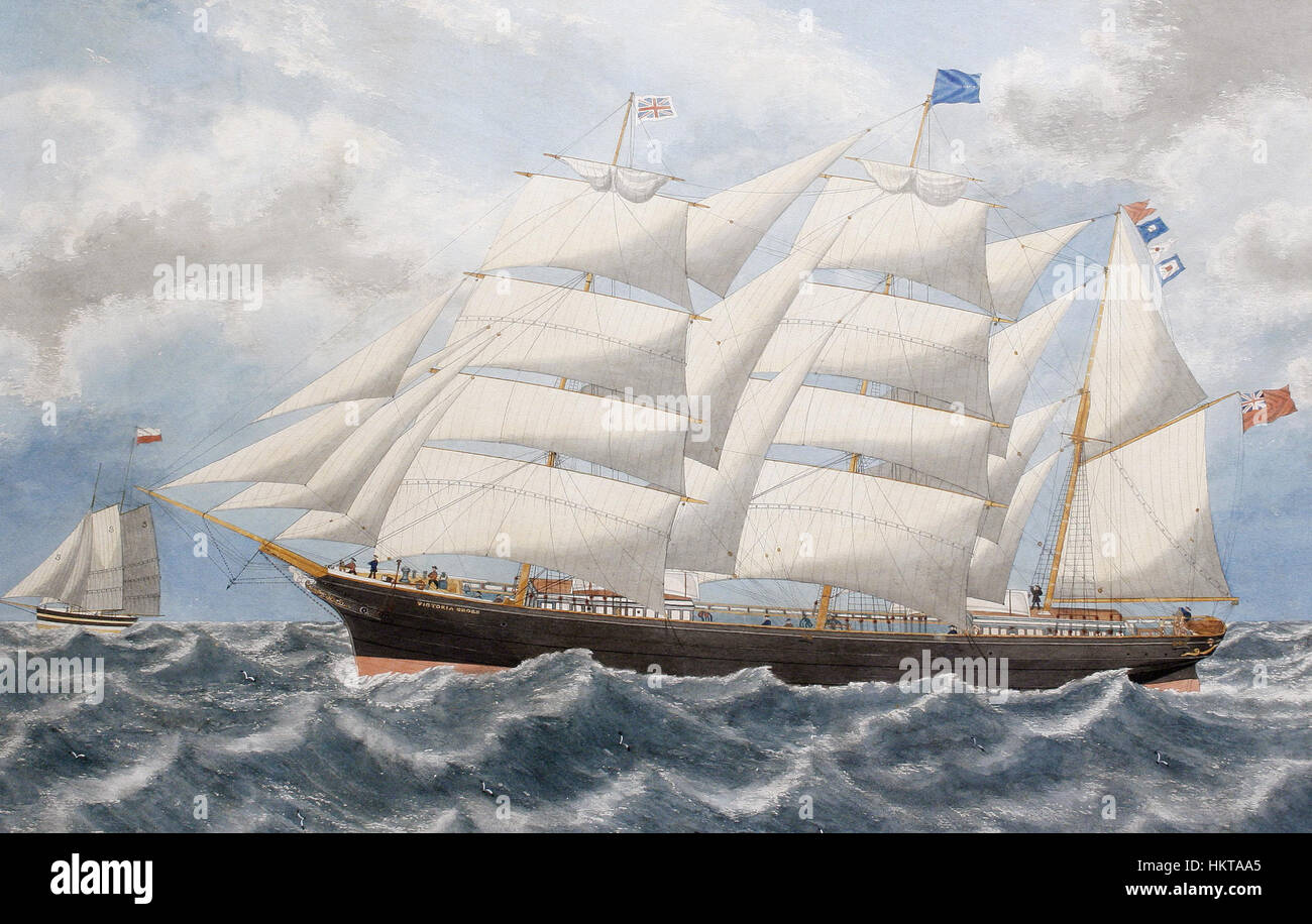 The 'Barque Victoria Cross' is depicted under full sail, showcasing the ...