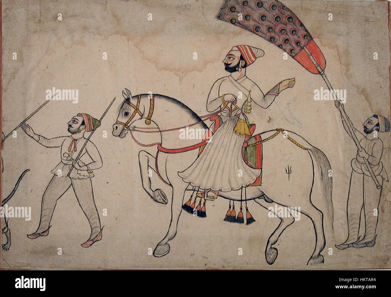 A painting depicting the Hindu deity Indra Dev riding a horse, attended ...