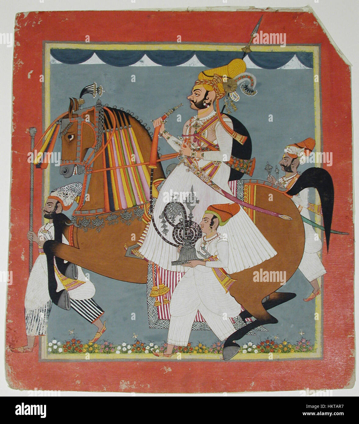 This artwork depicts Raja Bhim Singh on horseback, accompanied by his ...