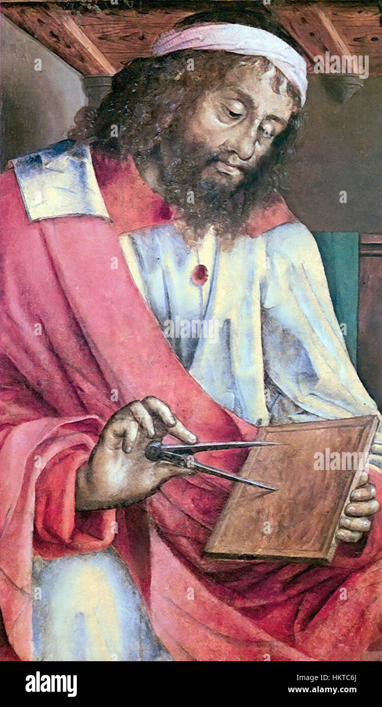 This artwork represents a depiction of Euclid, the ancient Greek ...