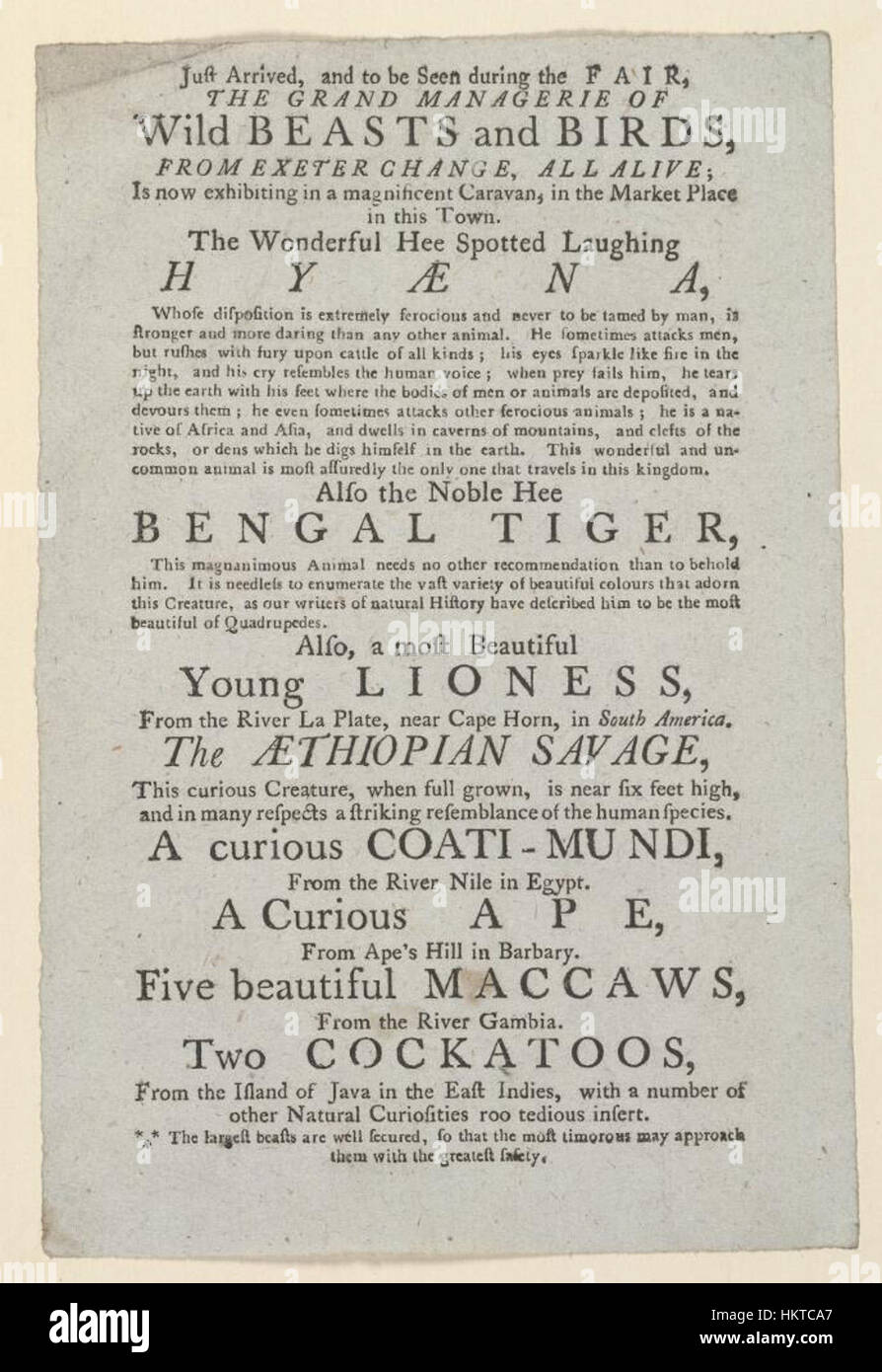 This 1790 handbill announces the Grand Menagerie of wild beasts and ...