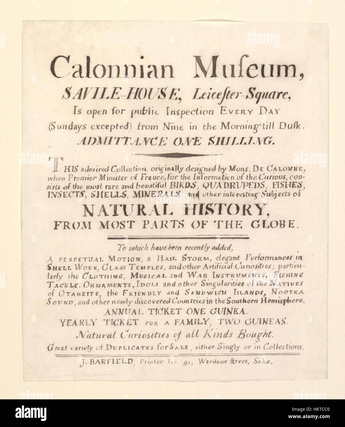 A handbill from the Calonnian Museum, held at the Bodleian Libraries ...