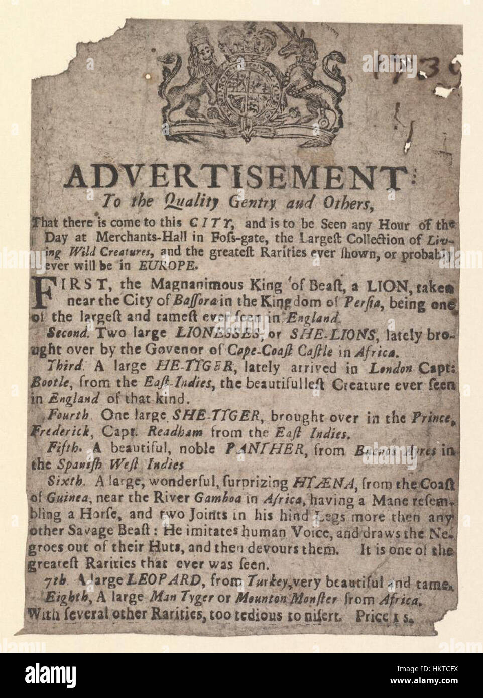 This handbill from 1739 advertises a public exhibition at Merchant's ...