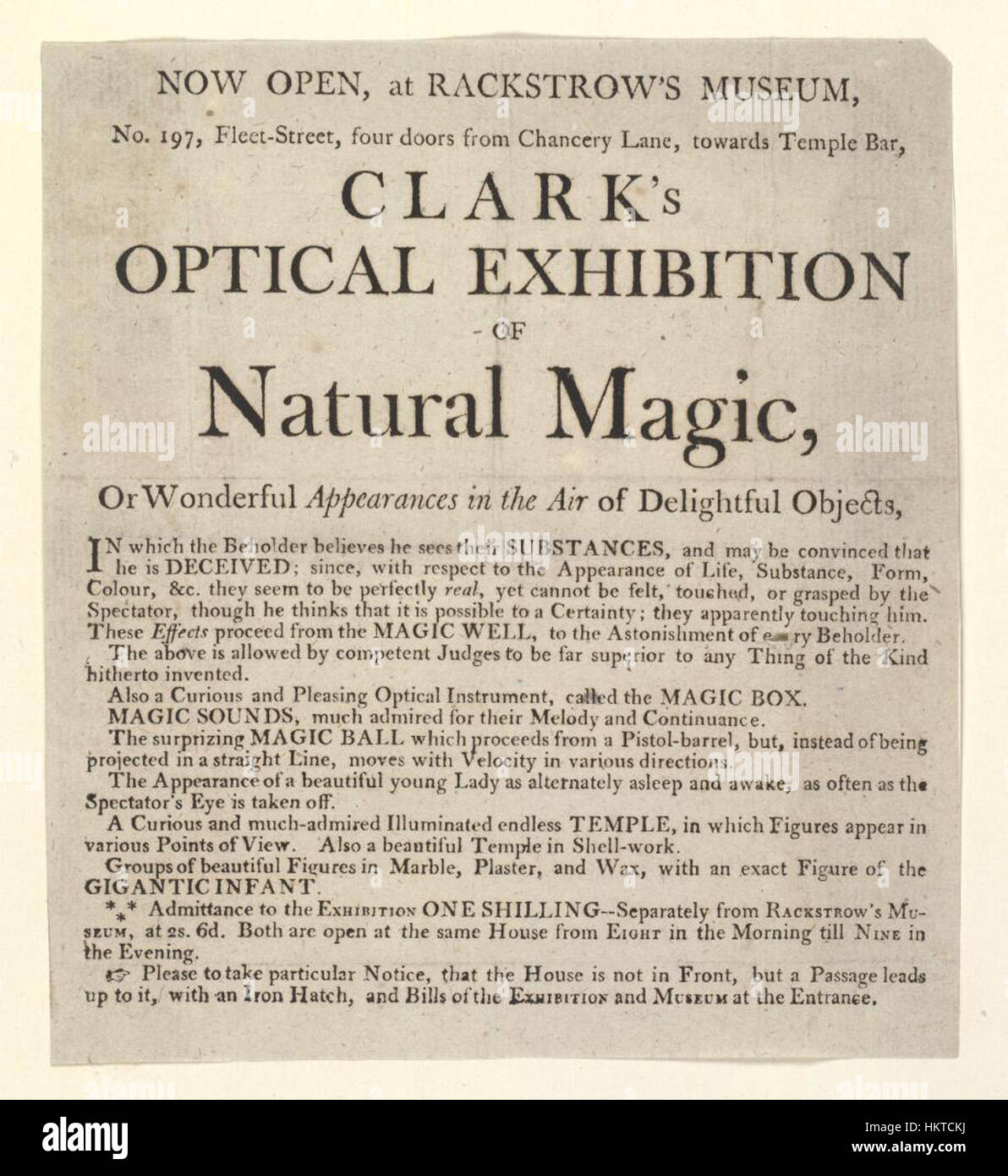 A handbill from Rackstrow's Museum announcing an optical exhibition by ...