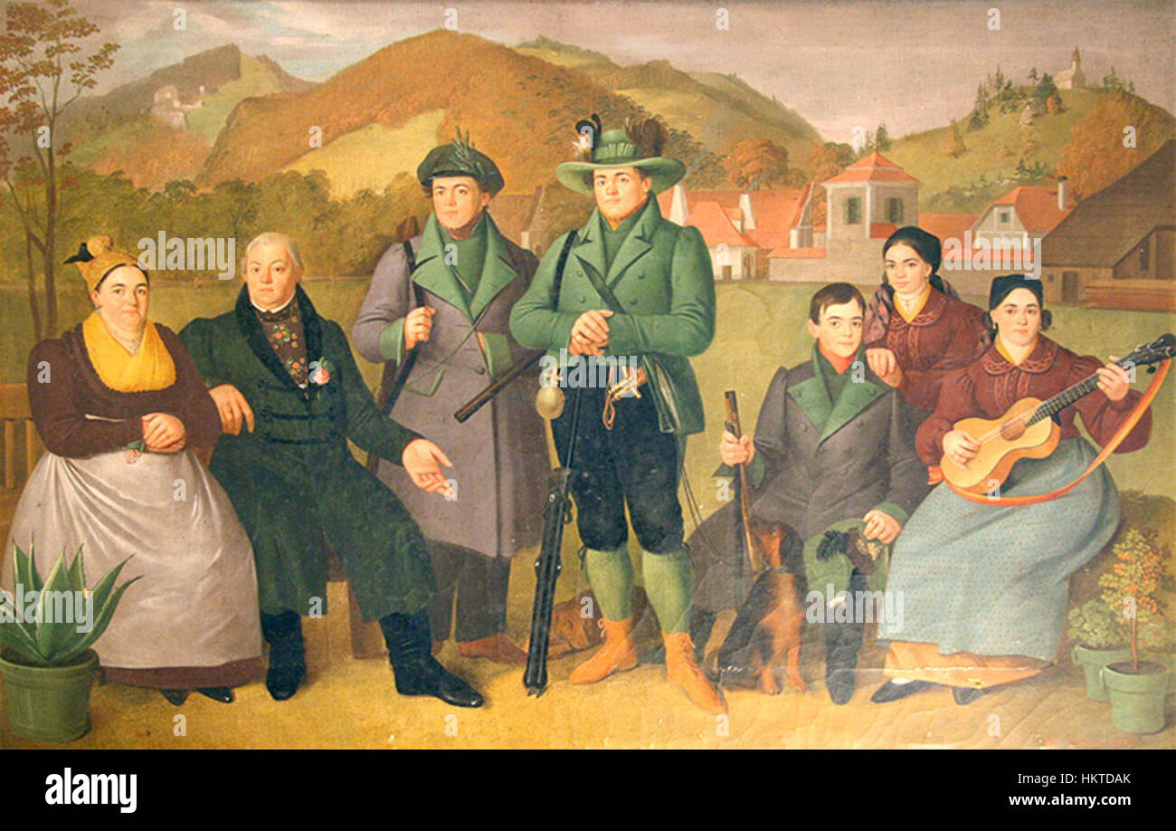A historical painting depicting the Zeitlinger family at the Zinne, an ...