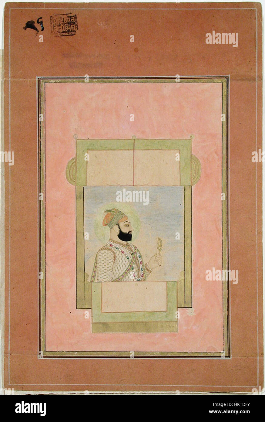 This portrait of Farrukh Siyyar seated at a window holding a gold ...
