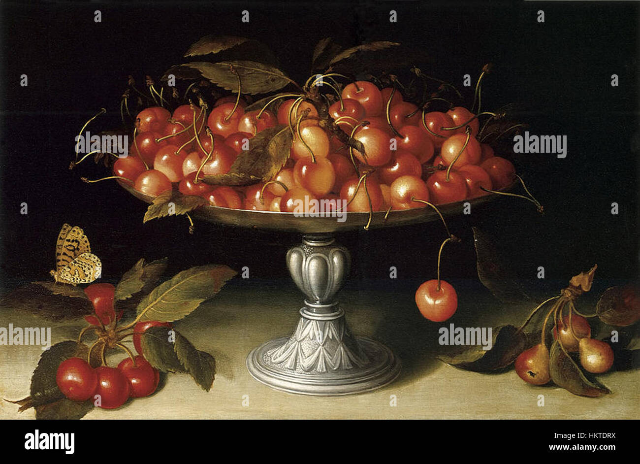 fede-galizia-cherries-in-a-silver-compote-with-crabapples-stock-photo