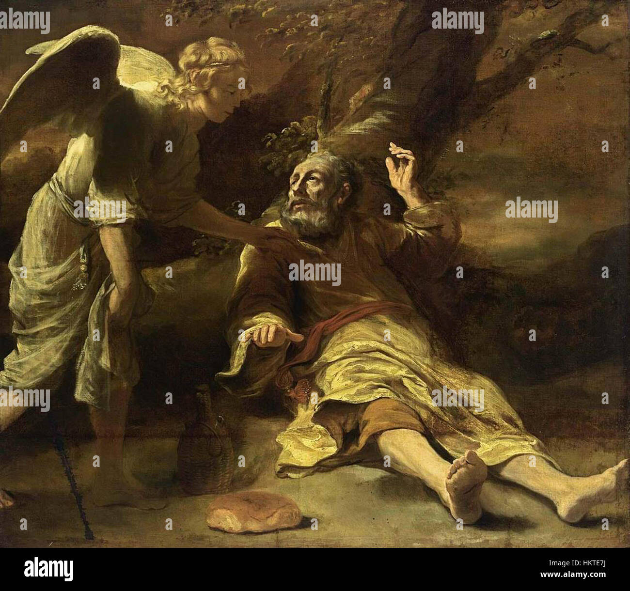 Ferdinand Bol's 'Elijah Fed by an Angel' is a dramatic oil painting ...