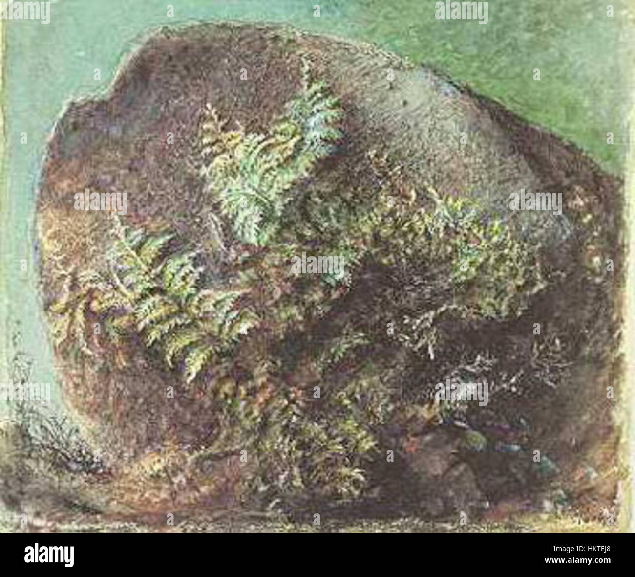 'Ferns on a Rock' is a nature-themed oil painting that captures the ...
