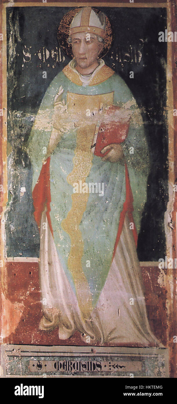 A historical painting depicting the church of St. Narcis, part of ...