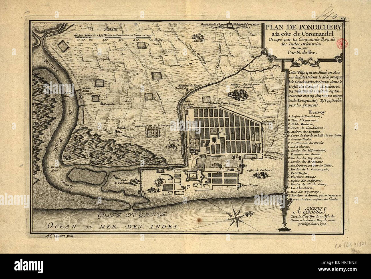 The 'Plan de Pondichery' is a retouched map by Fer, illustrating the ...