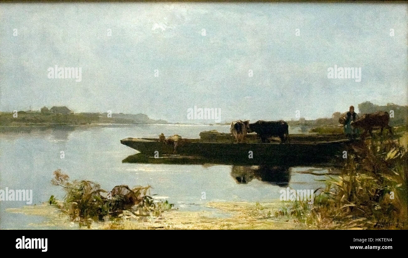 This artwork depicts a ferry-boat navigating a body of water, a common ...