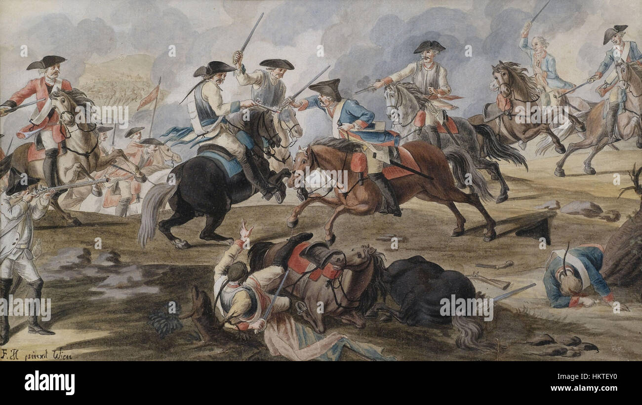 This historical artwork depicts a cavalry battle scene, showcasing ...