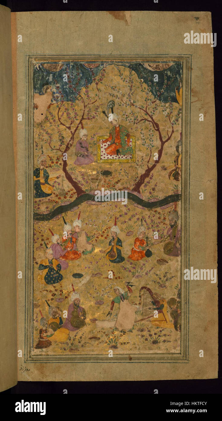 'A Festive Gathering in a Landscape' by Firdawsi illustrates a vibrant ...