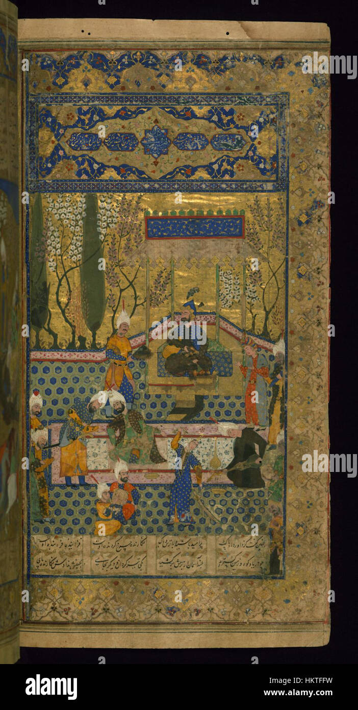 This manuscript illustration, 'Luhrasp Enthroned,' from the Shahnameh ...