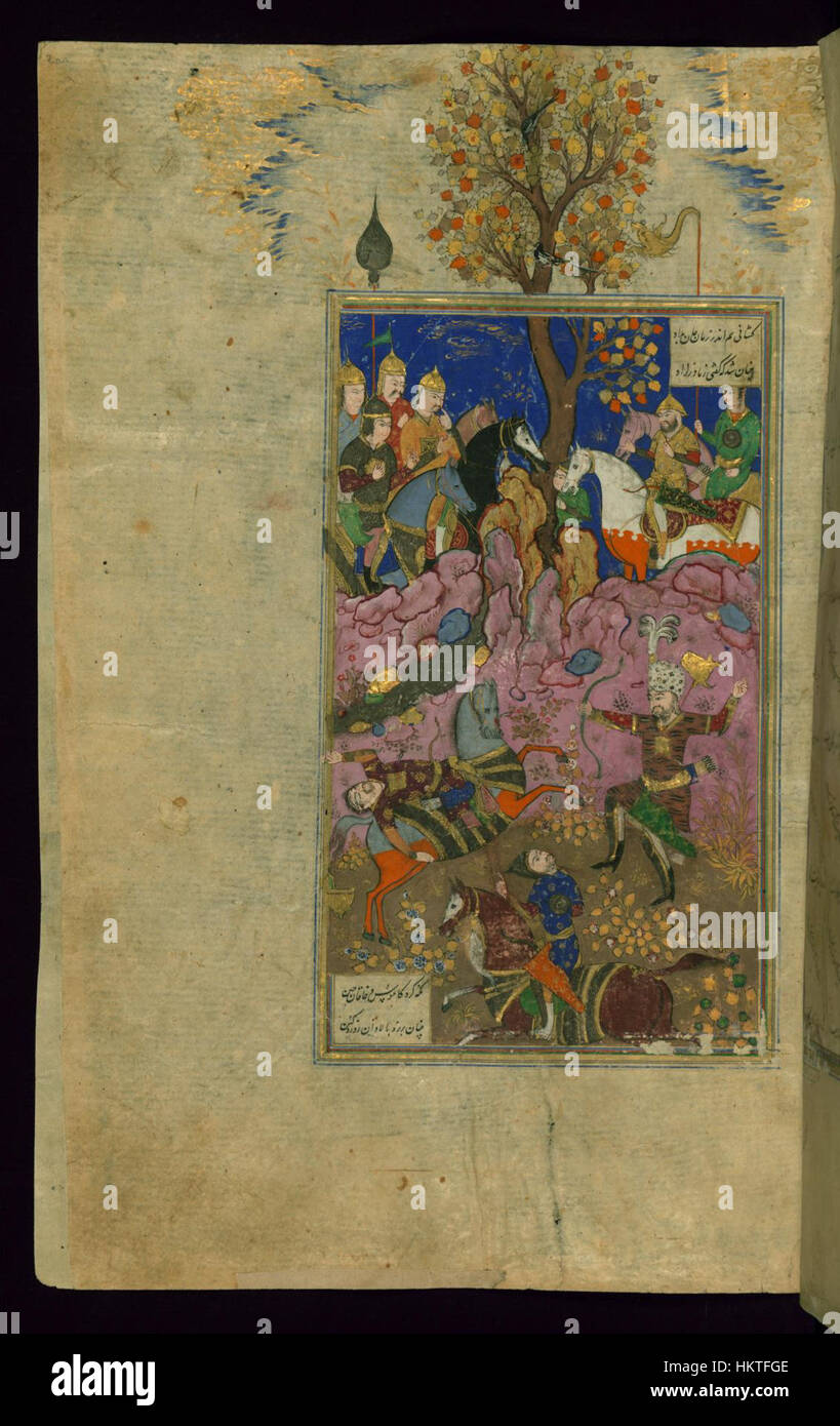 This detailed Persian manuscript illustration shows the hero Rustam ...