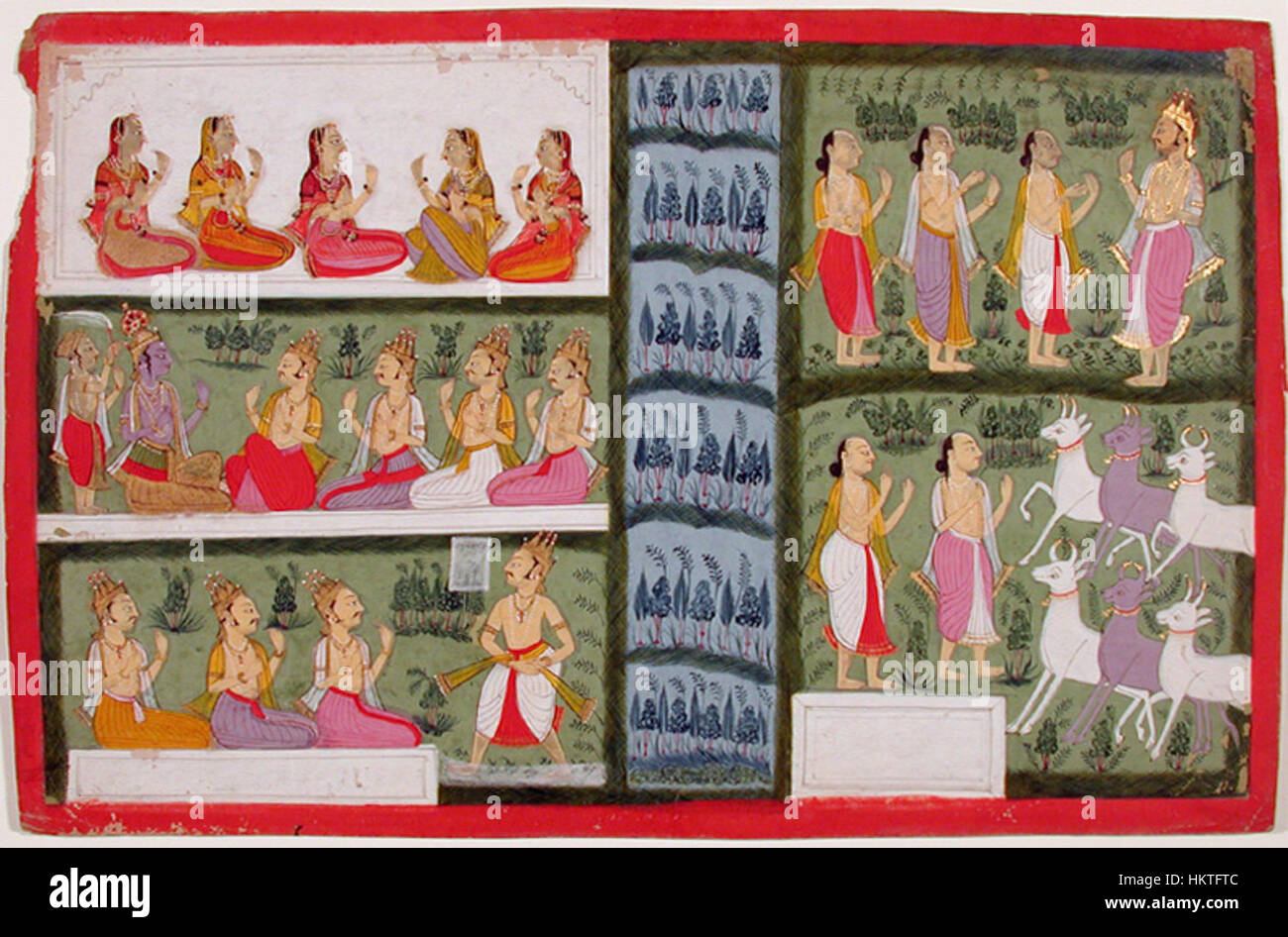 This artwork illustrates five episodes from the life of Krishna, a ...