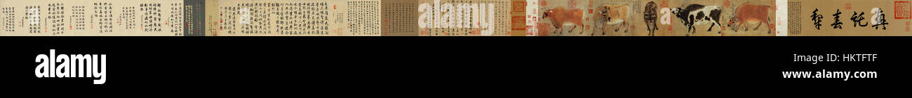 This artwork, titled 'Five Oxen,' portrays five oxen in a pastoral ...