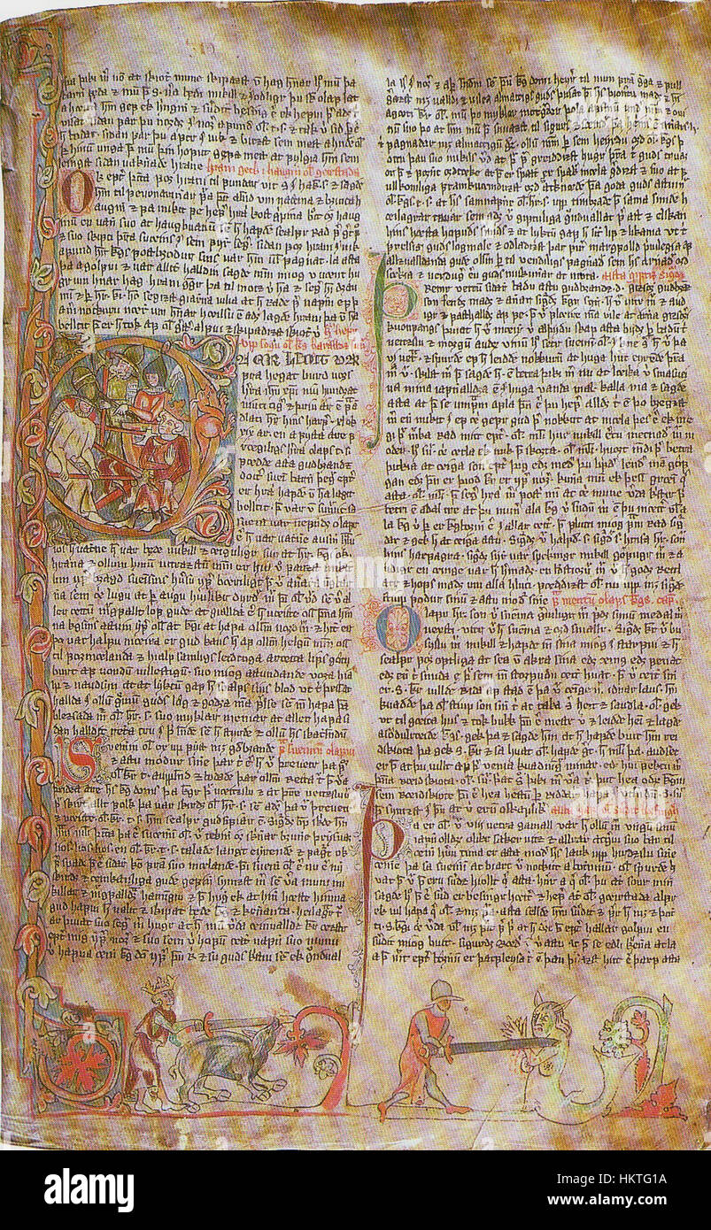 This illustrated manuscript, Flateyjarbok, depicts the Viking hero Olaf ...