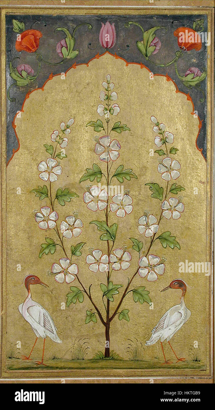 This artwork features a flowering tree with two red-headed cranes ...