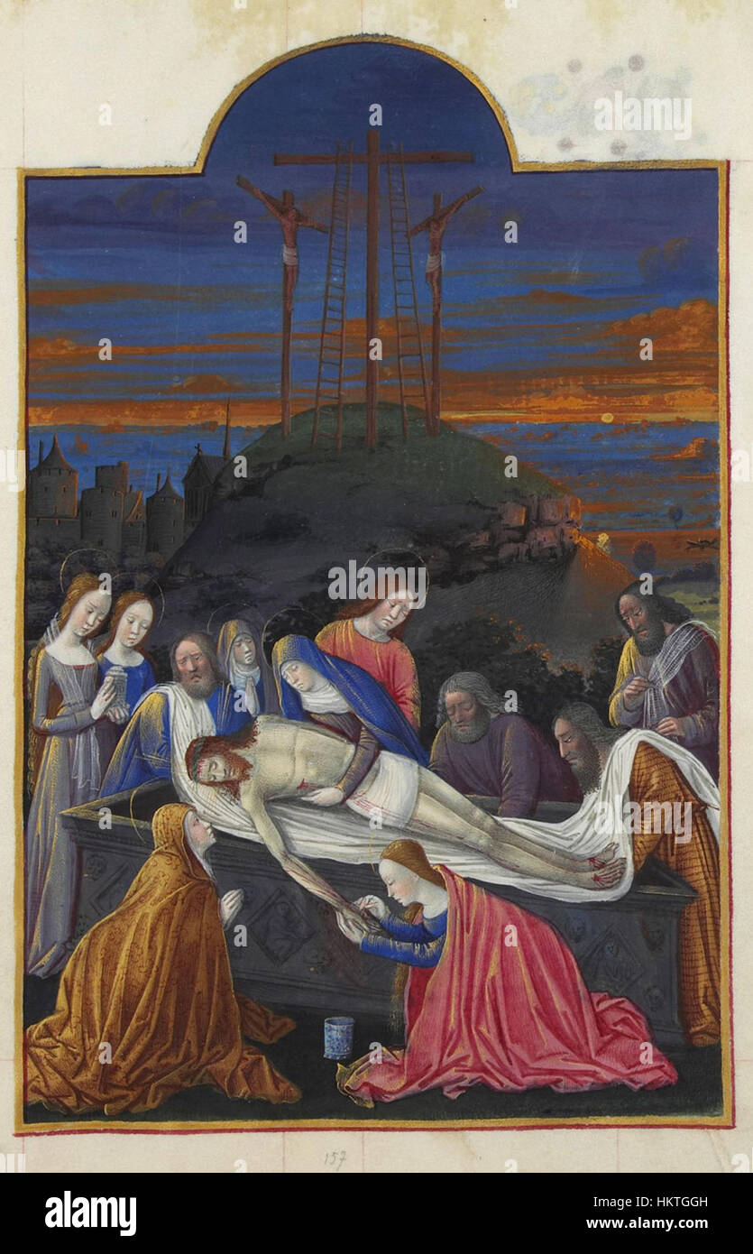 Folio 157r from a historical manuscript features *The Entombment*, a ...