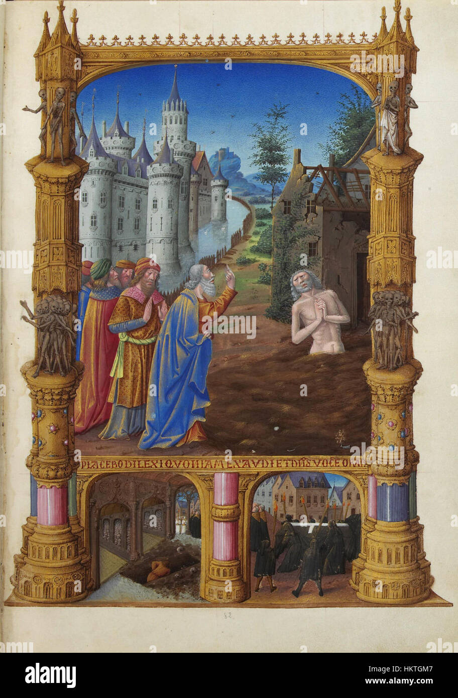 This medieval manuscript folio depicts the biblical story of Job mocked ...